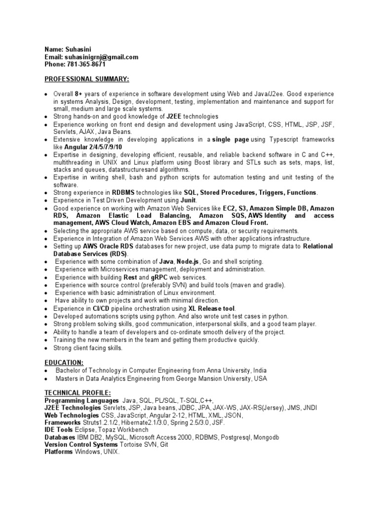 Suhasini K Java Resume Pdf Spring Framework Amazon Web Services