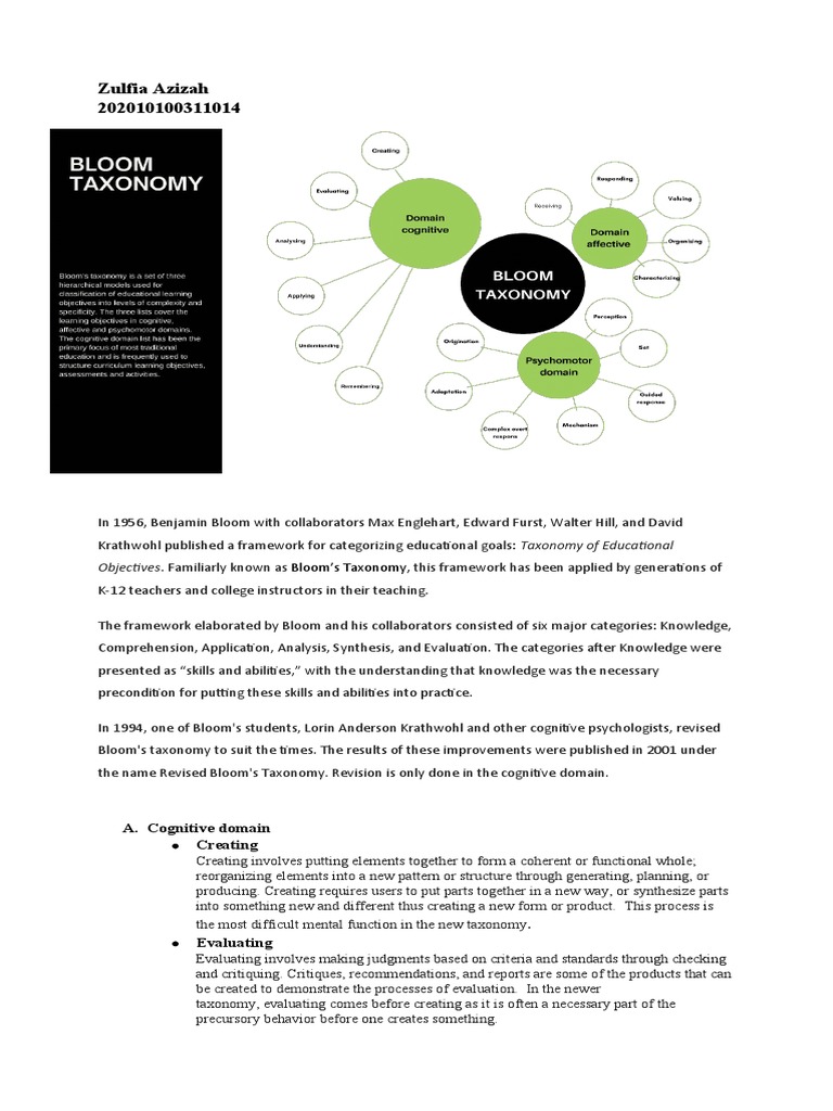 A Comprehensive Overview of Bloom's Taxonomies for the Cognitive, Affective, and Psychomotor ...