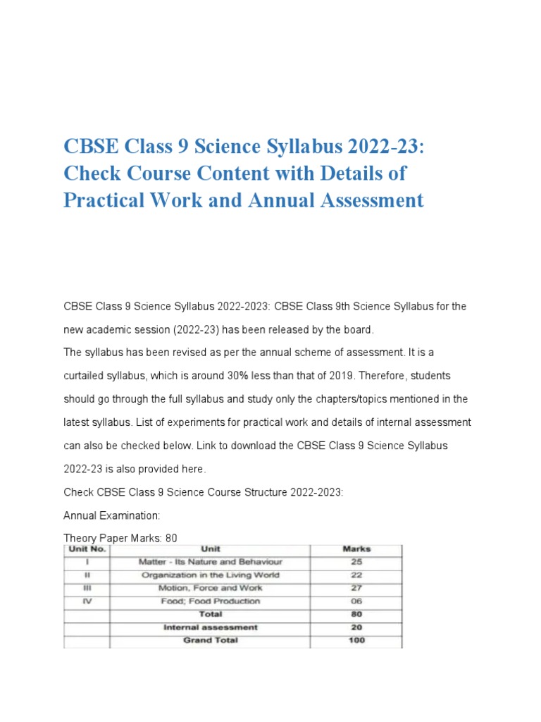 CBSE Class 9 Science Syllabus 2022-2023 | PDF | Force | Atoms