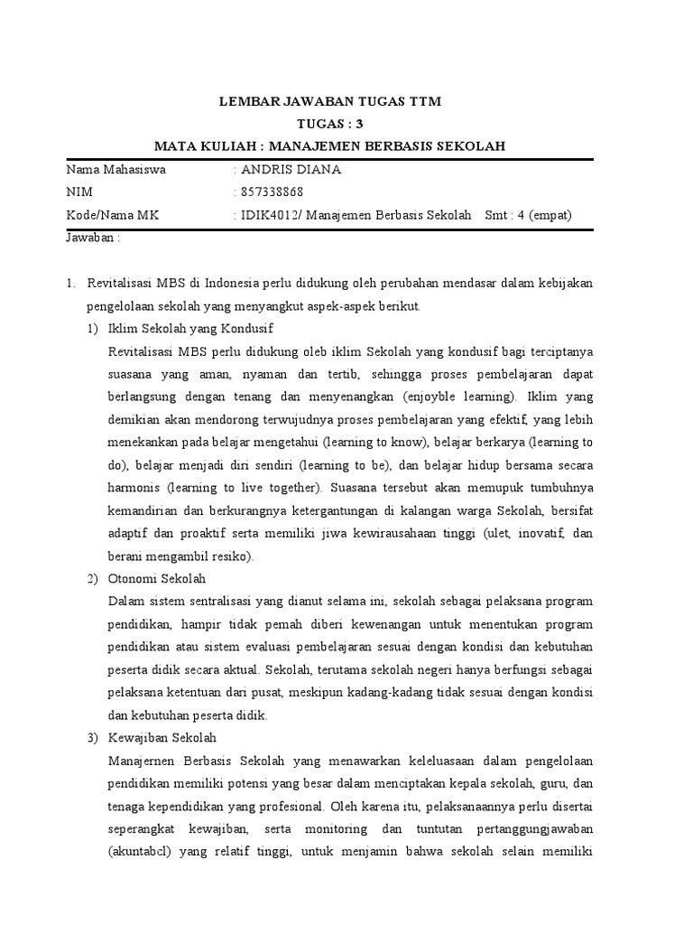 Lembar Jawaban Ttm3 Mbs | PDF