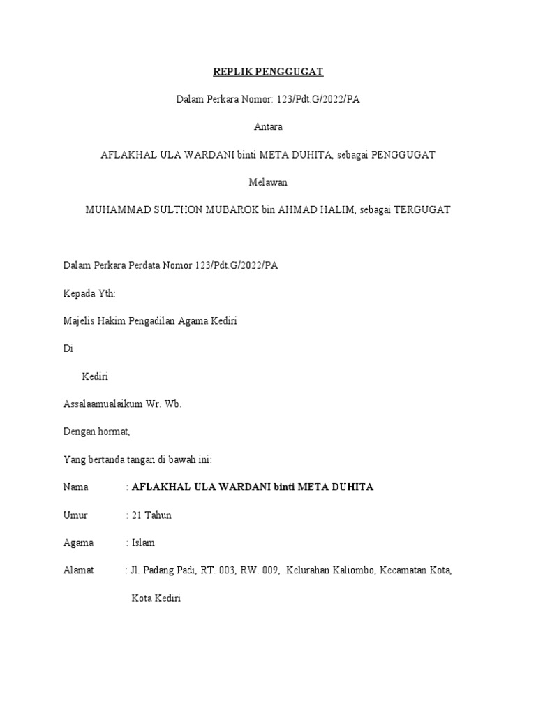 Replik Penggugat Cerai Talak 2022 | PDF | Pengelolaan Keuangan & Uang