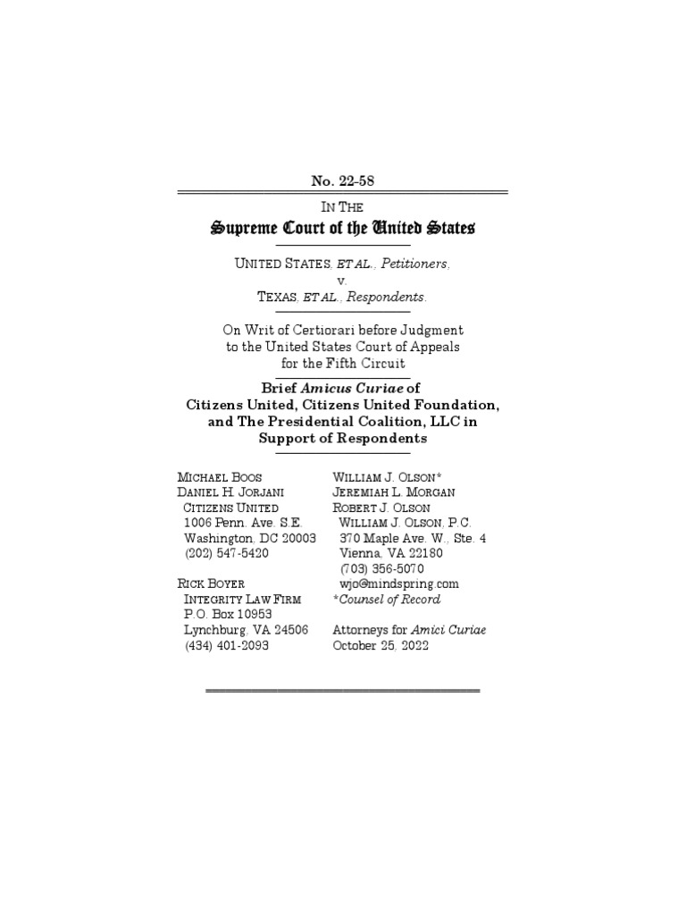 Amicus Brief: Citizens United v. Texas | PDF | U.S. State | Standing (Law)