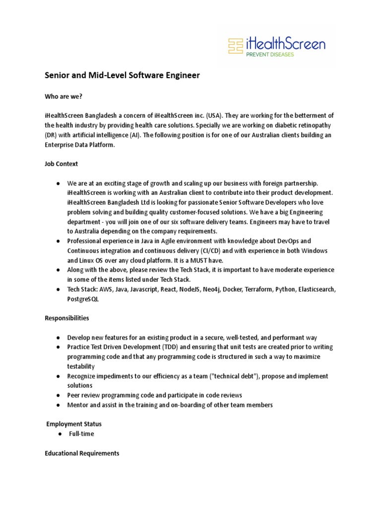 JOB AD - Software Engineer | PDF | Test Driven Development | Computing