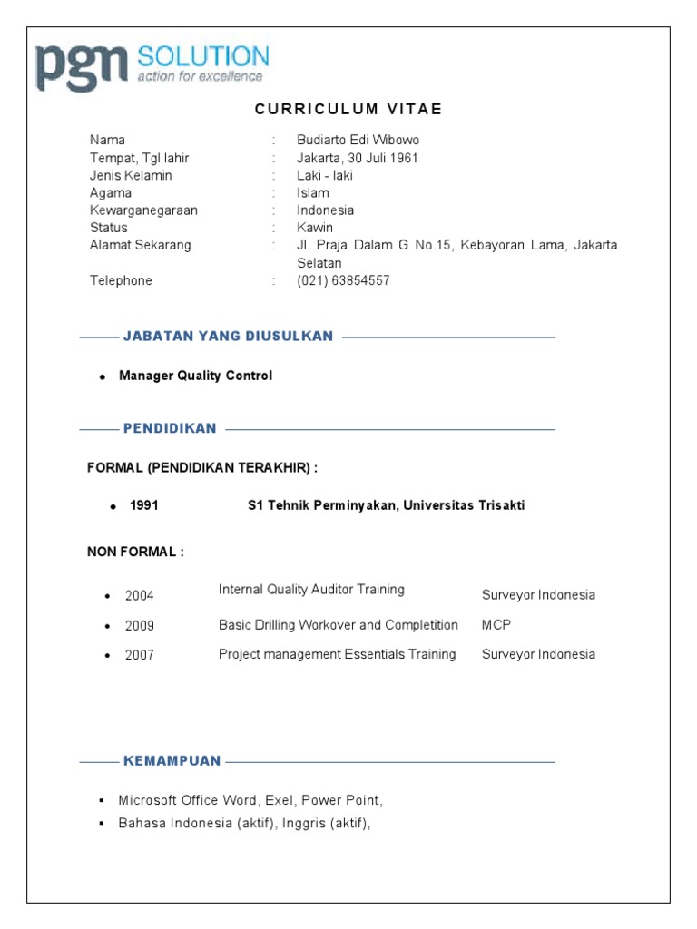 CV Manager Quality Control Budiarto | PDF