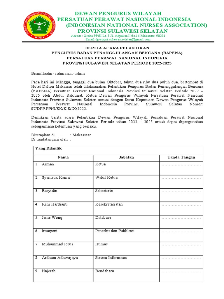 Berita Acara Pelantikan Pengurus Bapena | PDF