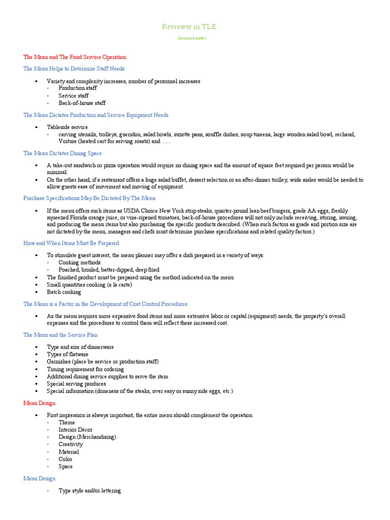 Reviewer in TLE | PDF | Menu | Foods