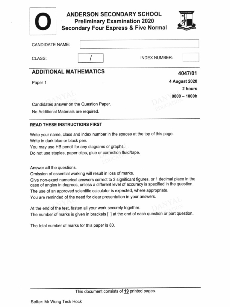 O Level A Math Anderson Sec Prelim 2020i | PDF | Numbers | Equations
