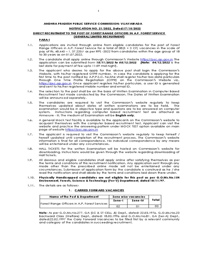 Notification APPSC Forest Range Officer Vacancy | PDF Notification APPSC Forest Range Officer Vacancy | PDF