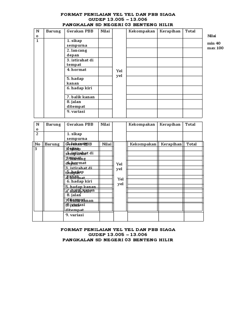 Format Penilaian Yel Yel Dan PBB Siaga (9 Lembar) | PDF