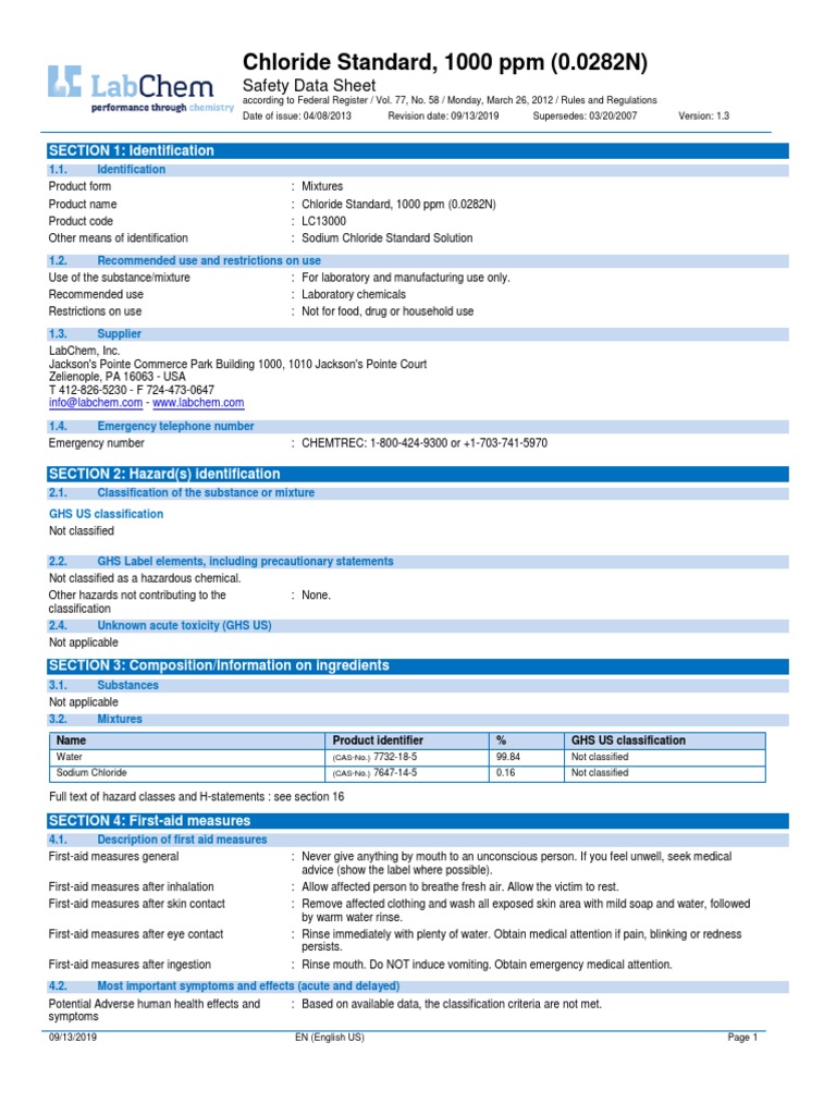 Chloride Standard Solution 1000 ppm | PDF | Toxicity | Chemistry