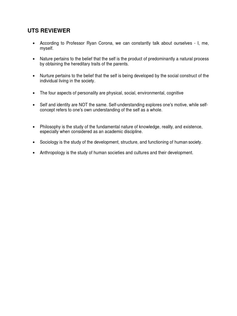 UTS REVIEWER 1st SEM | PDF | Philosophy Of Self | Self Esteem