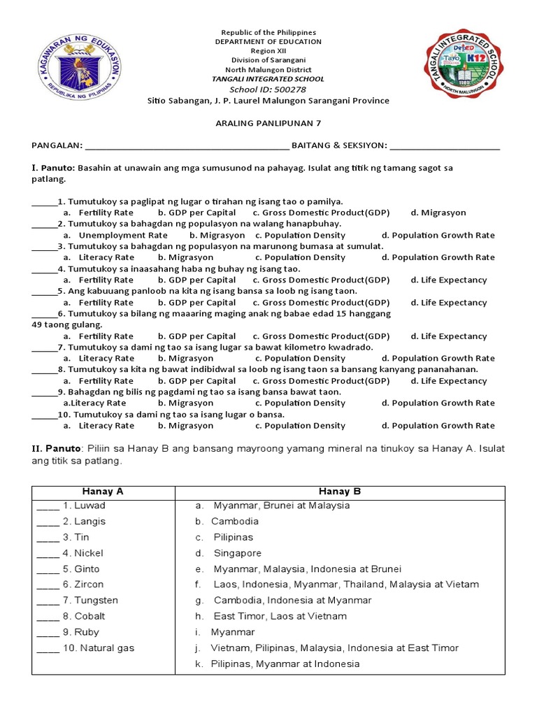 1st Quarter Exam AP G-7 | PDF