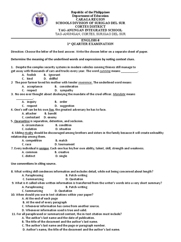 Final Exam in English 8 q1 | PDF | Adverb | Adjective