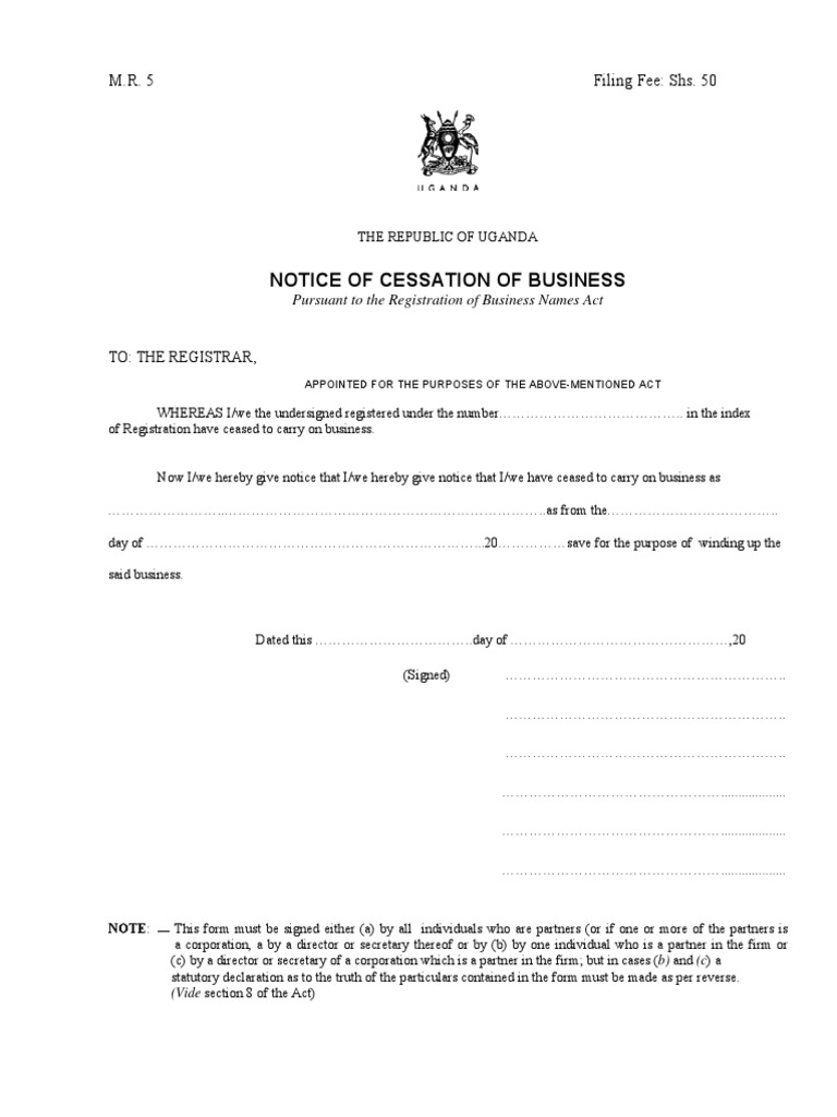 Notice of Business Cessation Form | PDF | Business | Finance & Money ...