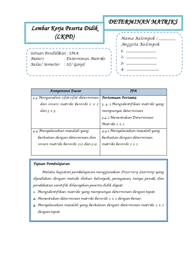 LKPD Determinan Matriks 2 X 2 | PDF