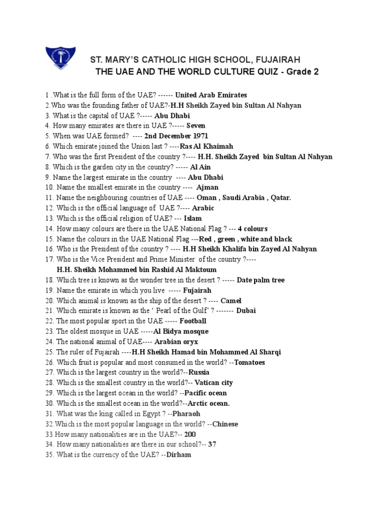 Grade 2 UAE and World Culture Quiz | PDF | Politics | Travel