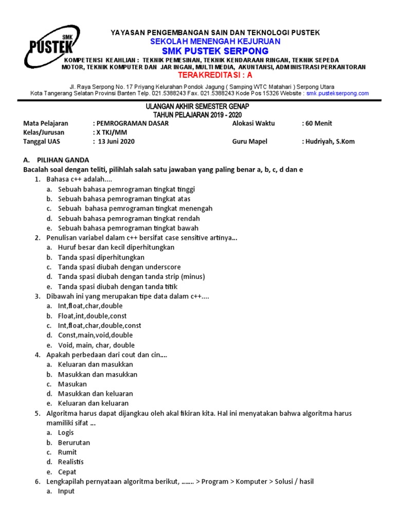UAS Pemrograman Dasar Kelas X TKJ 2020 | PDF