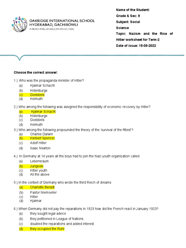 Nazism and The Rise of Hitler Term 1 Revision Worksheet - Answers | PDF ...
