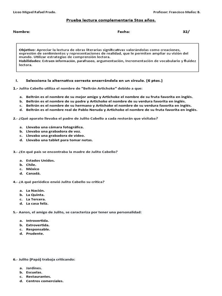 Prueba sobre Julito Cabello y sus aventuras | PDF | Artes del Lenguaje ...