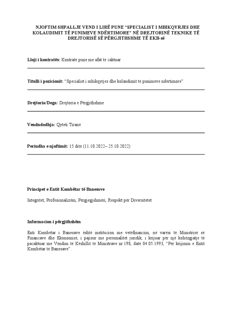 Njoftim Shpallje Vend Vakant Pune Specialist MBIKQYRJE DHE KOLAUDIM DR ...