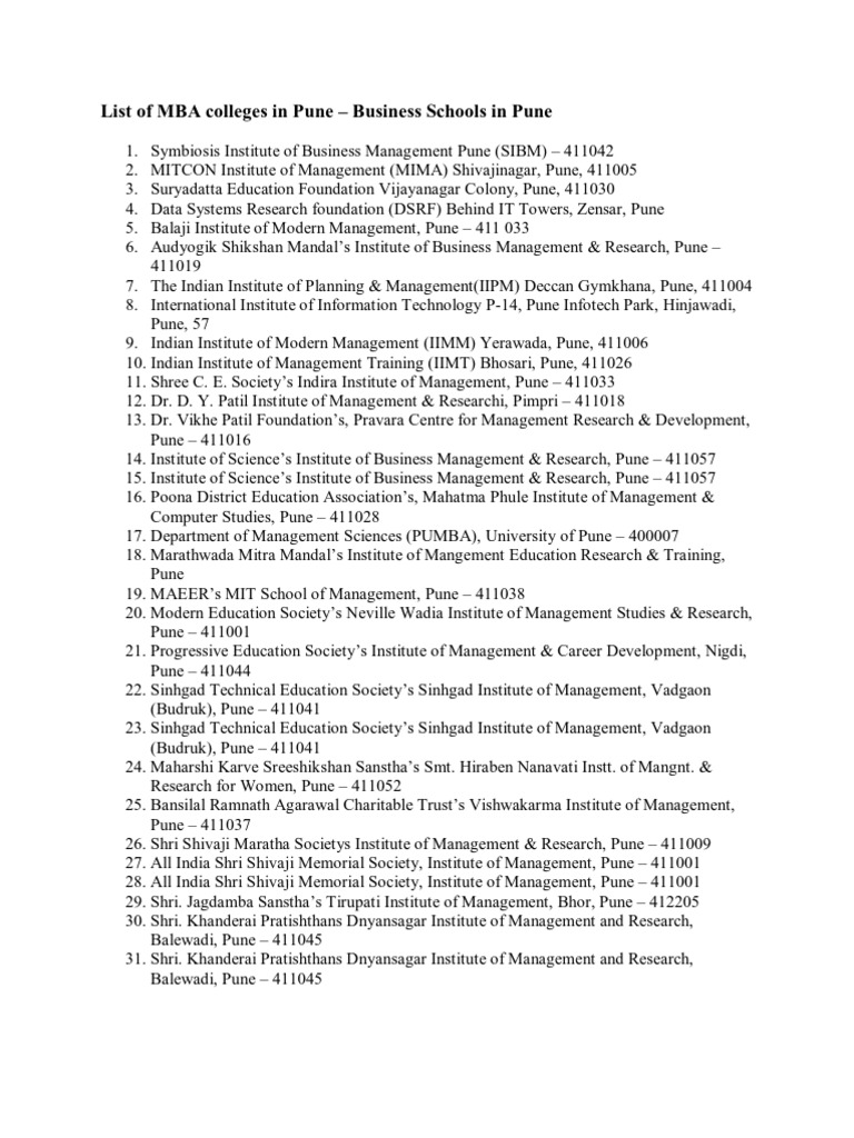 List of MBA Colleges in Pune | PDF | Science And Technology | Business