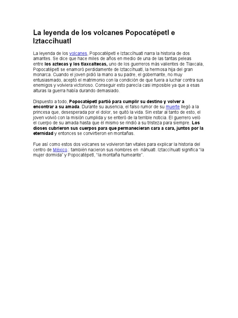 La Leyenda de Los Volcanes Popocatépetl e Iztaccíhuatl | PDF