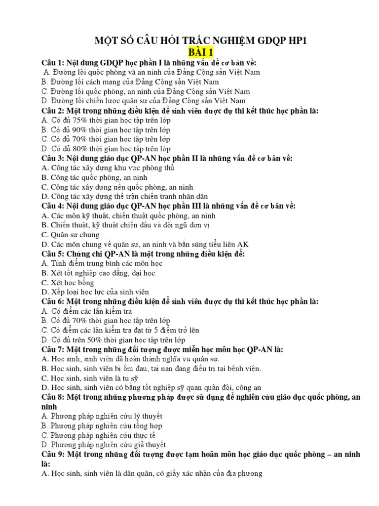 1.một Số Câu Hỏi Trắc Nghiệm GDQP HP1 | PDF
