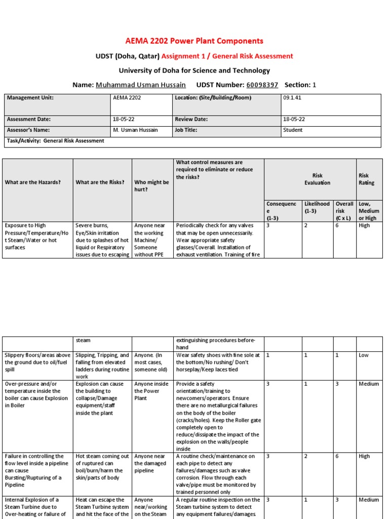 AEMA 2202-Power Plant-ASMT 1-General Risk Assessment-60098397 | PDF | Boiler | Gunpowder