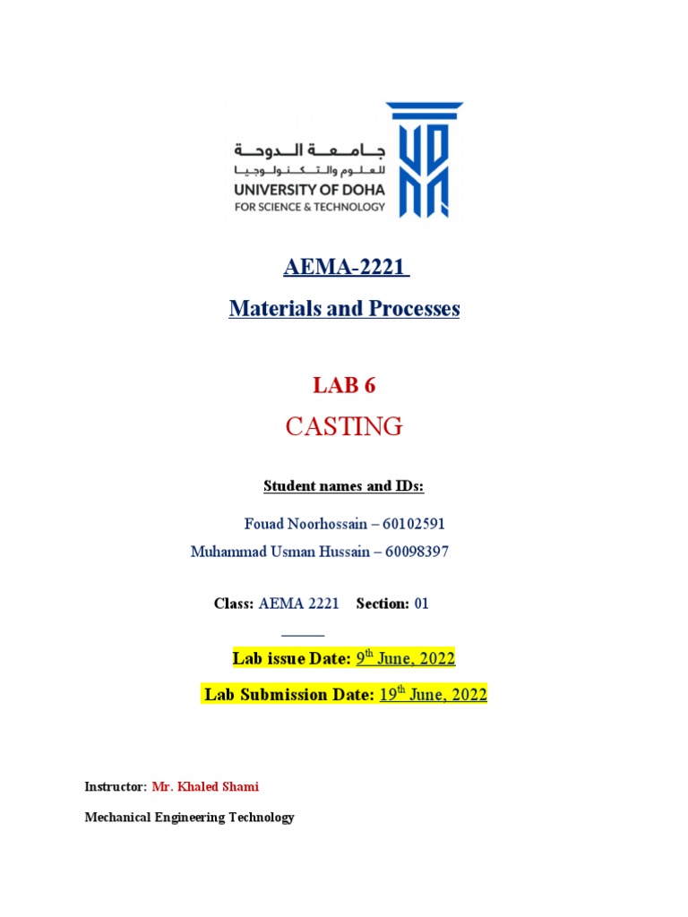 Lab 6-OUR Casting LAB - W2022 | PDF | Casting (Metalworking) | Casting