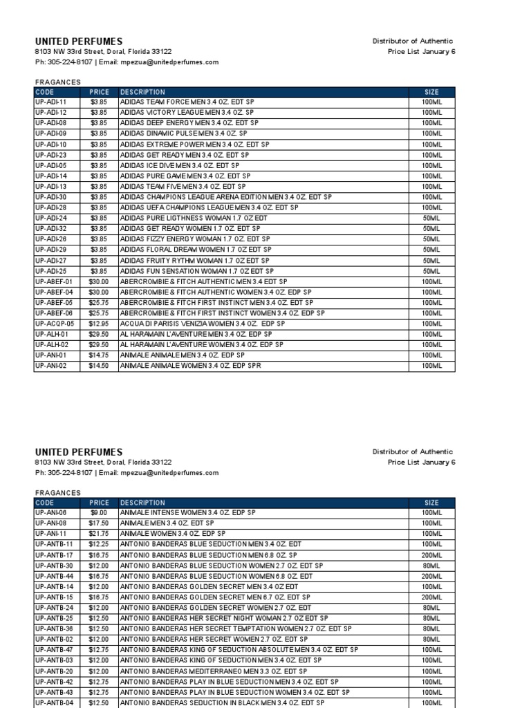 UNITED PERFUMES - Price List January 6, 2020 - Distributor PDF | PDF ...