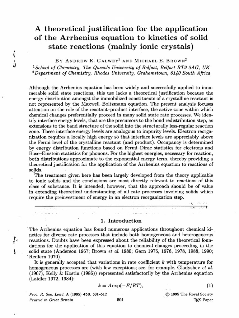 A Theoretical Justification For The Application of The Arrhenius Equation To Kinetics of Solid ...