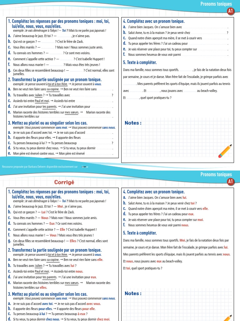 Les Pronoms Toniques (Avec Corrigé) | PDF