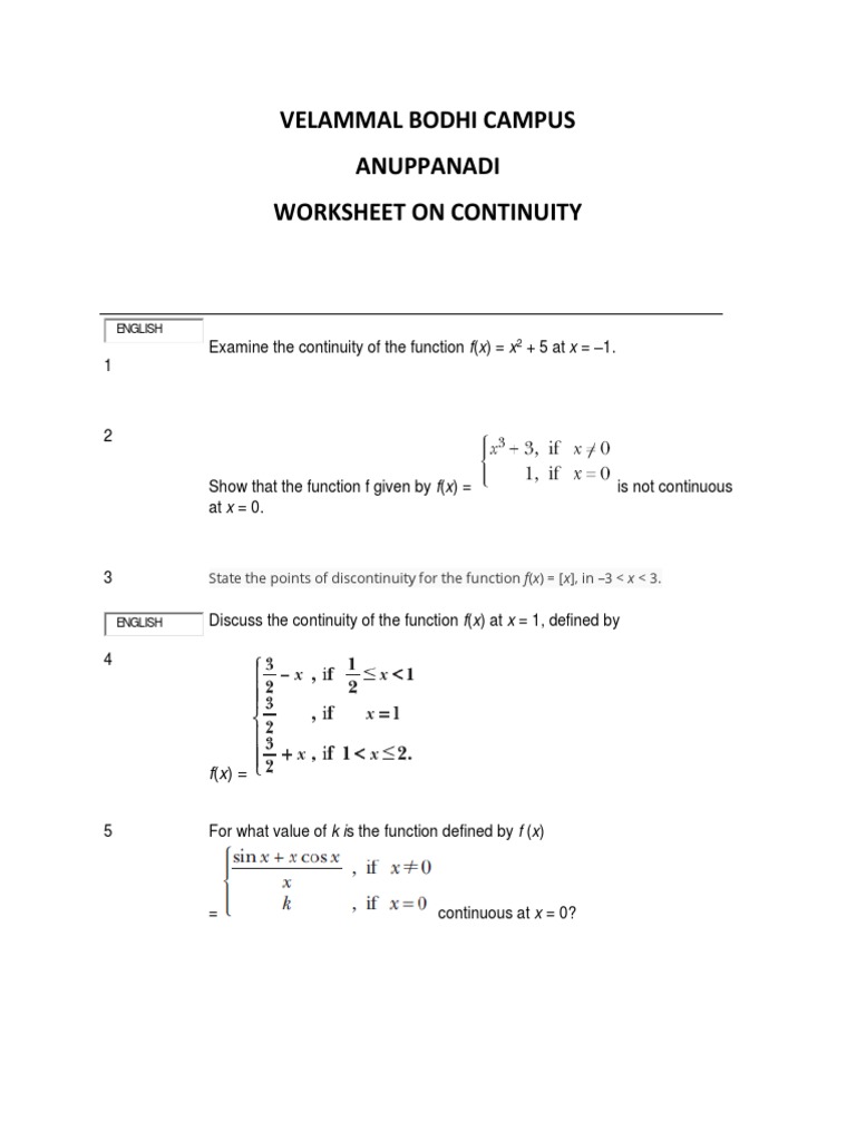 Worksheet On Continuity | PDF | Function (Mathematics) | Mathematics