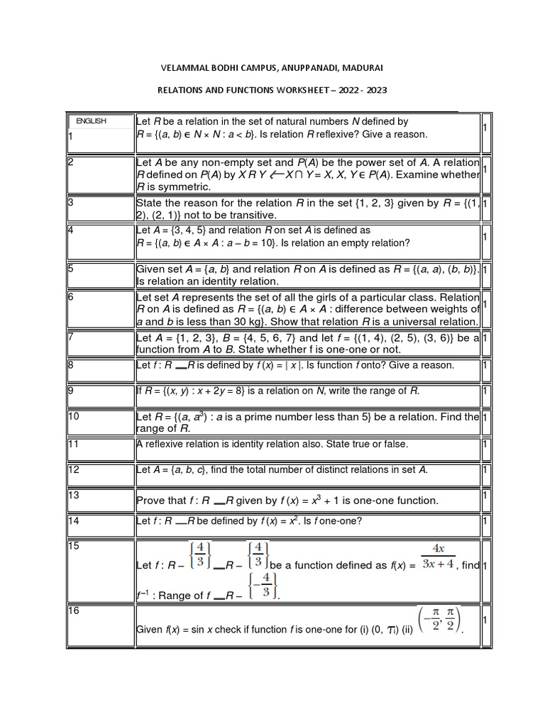 Math Relations & Functions Worksheet | PDF | Function (Mathematics) | Integer