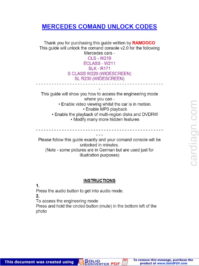 Benz W211 - Mercedes Command Unlock Codes - PDF Download | PDF