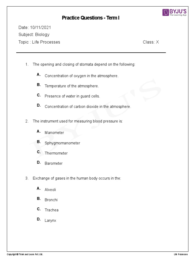 CBSE Class 10 Life Processes MCQ Practice Questions | PDF | Digestion ...