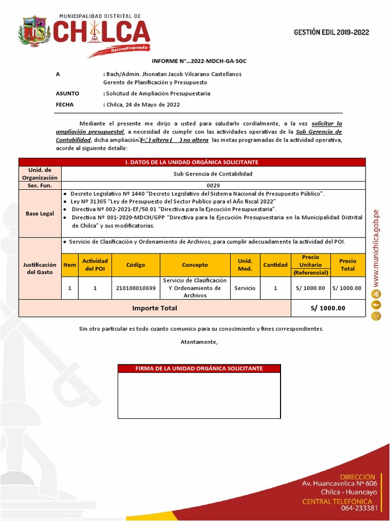 Informe de Solicitud de Ampliación Presupuestaria | PDF | Presupuesto | Presupuesto del gobierno