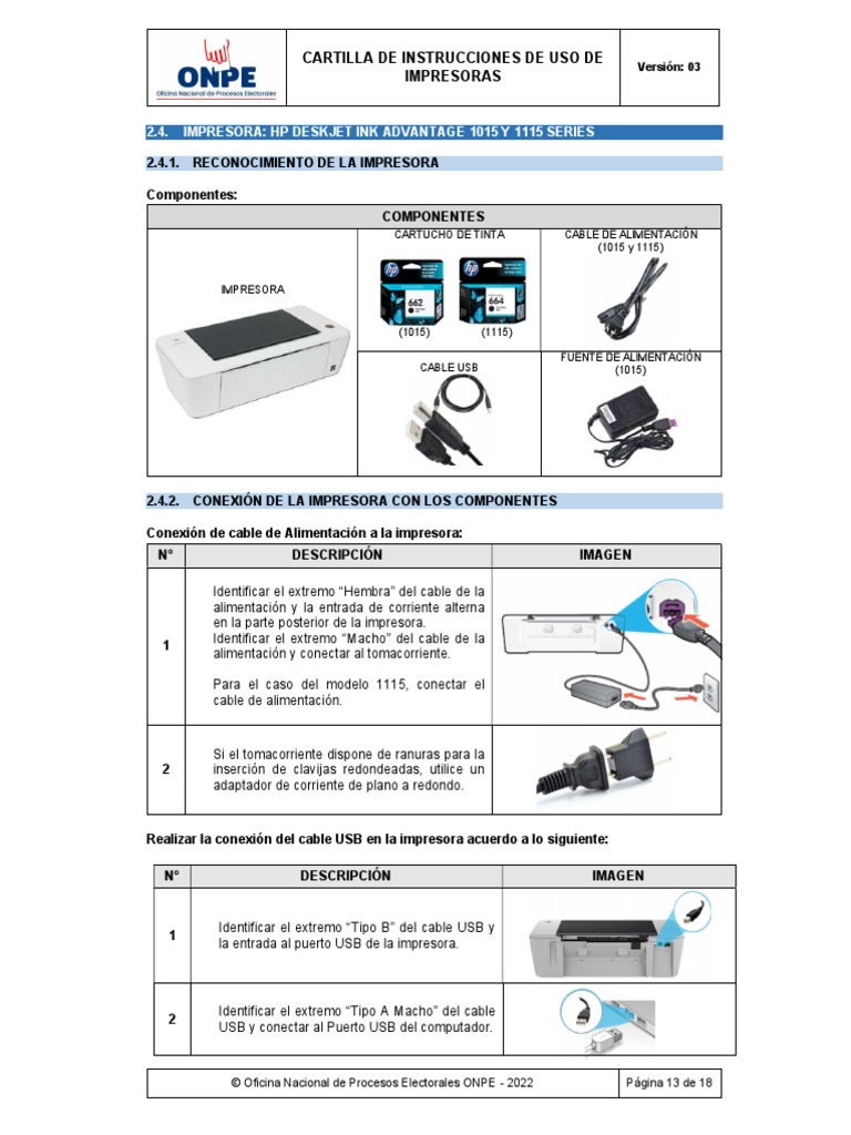 Cartilla de Instrucciones de Uso de Impresoras - V03 - HP DESKJET INK ADVANTAGE 1015 y 1115 ...