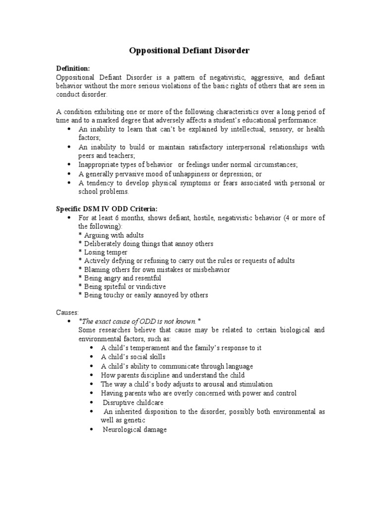 Oppositional Defiant Disorder Fact Sheet Pdf