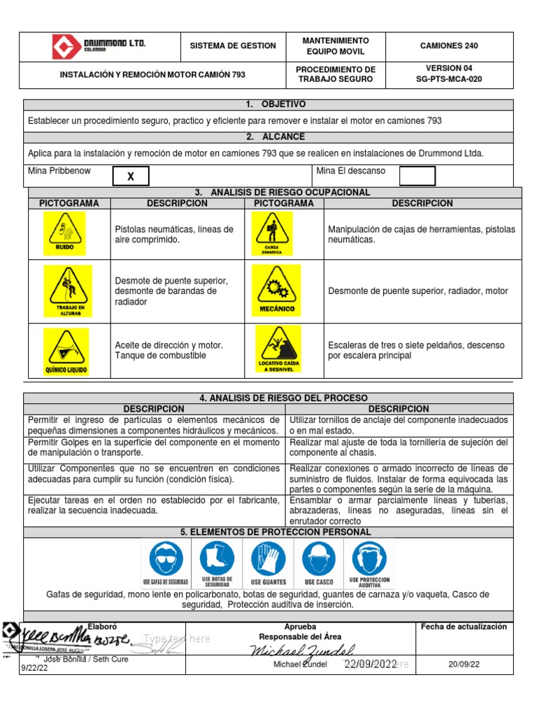 SG-PTS-MCA-020-Remoción e Instalación de Motor Camión 793 | PDF ...