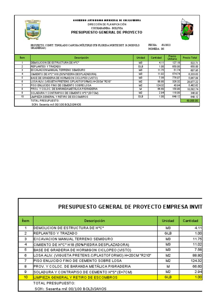 Presupuesto general de proyecto para la construcción de graderías en cancha múltiple | PDF ...