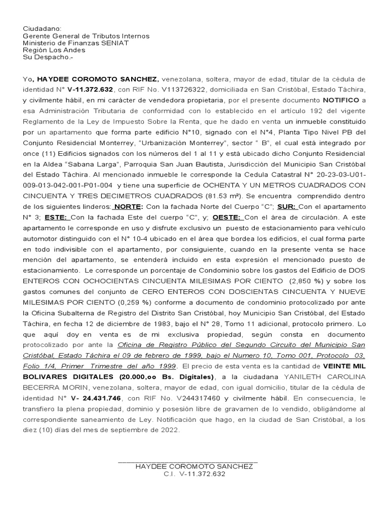 Carta Notificacion Seniat Apto Monterrey | PDF | Gobierno