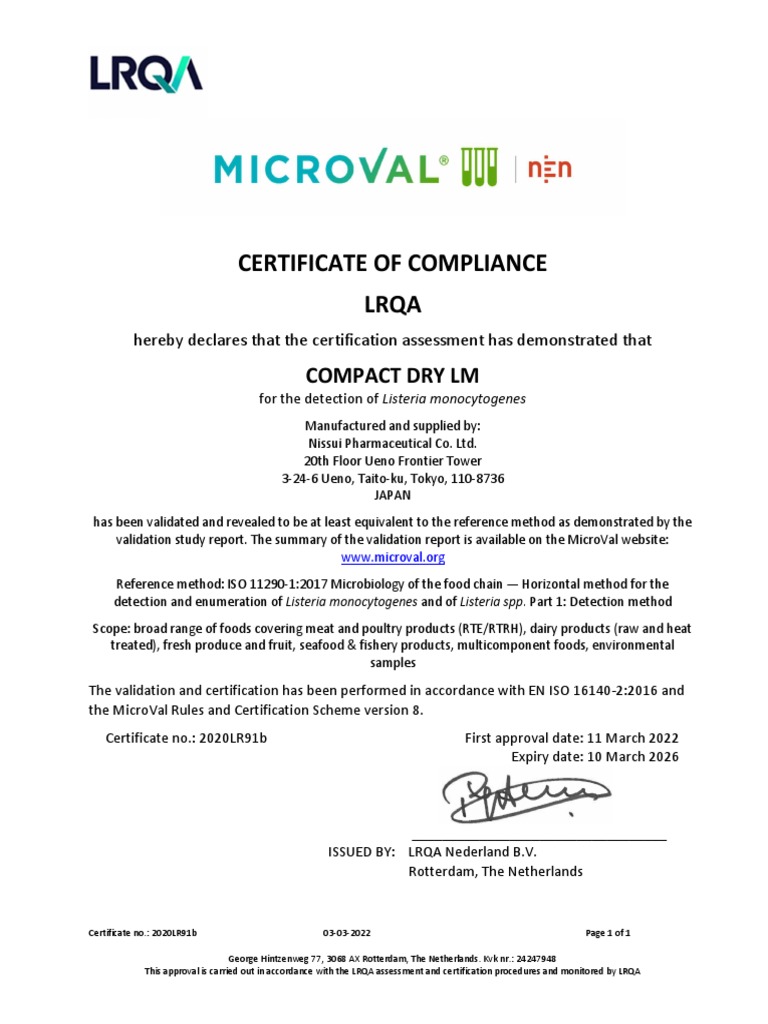 Compact Dry LM Detection - Certificate 2022-2026 | PDF | Food And Drink | Food Industry
