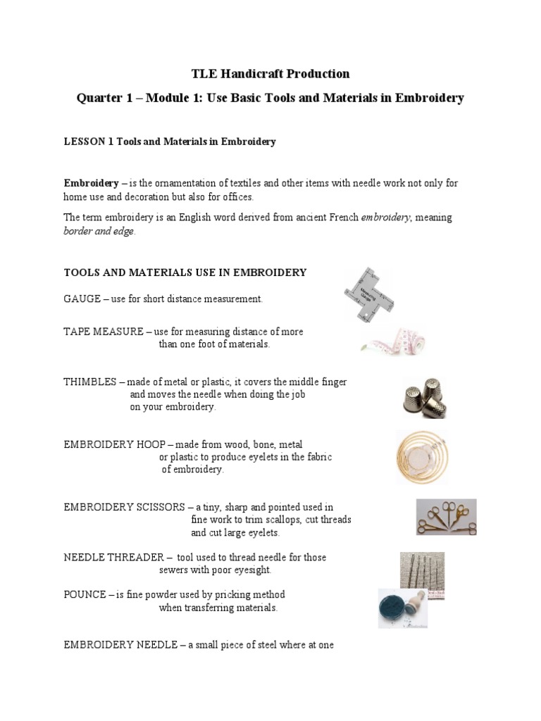 TLE Handicraft Production Module 1 | PDF | Embroidery | Yarn TLE Handicraft Production Module 1 | PDF | Embroidery | Yarn