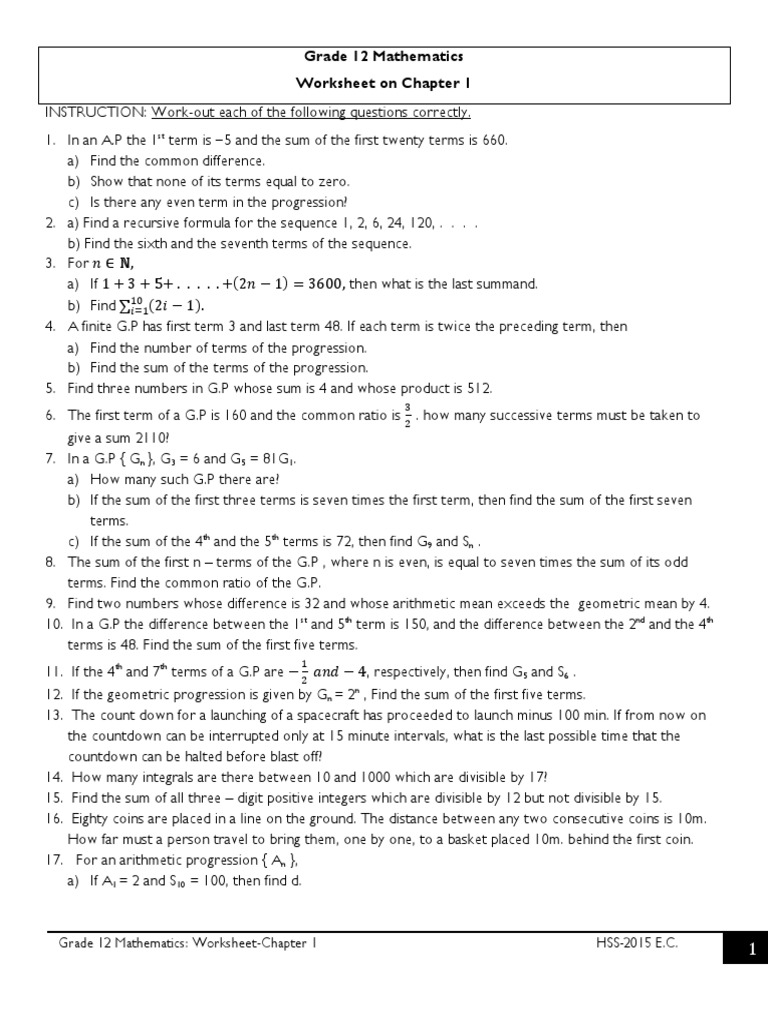 Grade 12 Math Worksheet: Sequences | PDF | Summation | Mathematics
