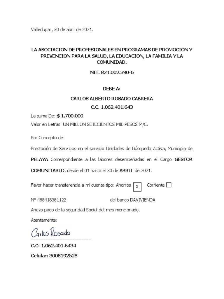 Cuenta de Cobro Prestación de Servicios | PDF