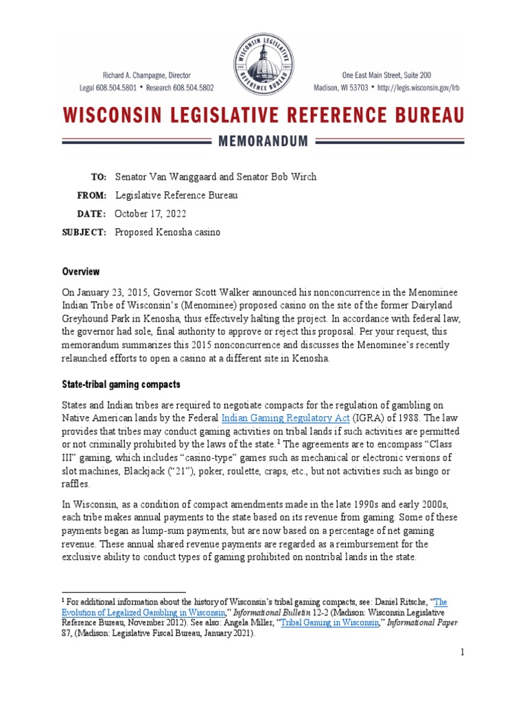 Wisconsin Legislative Reference Bureau Report On Kenosha Casino Costs | PDF