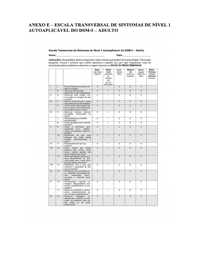 Escala Transversal de Sintomas de Nível 1 Autoaplicável Do DSM 5 ADULTO ...