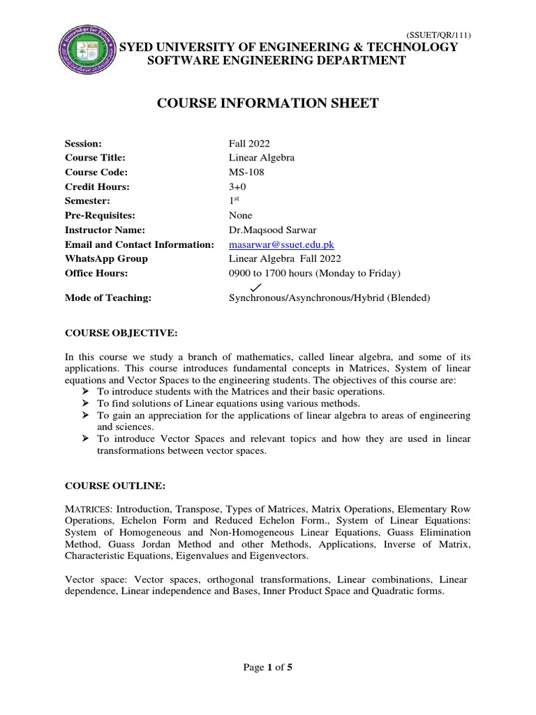 MS-108 Linear Algebra CIS Updated-2 | PDF | Matrix (Mathematics ...