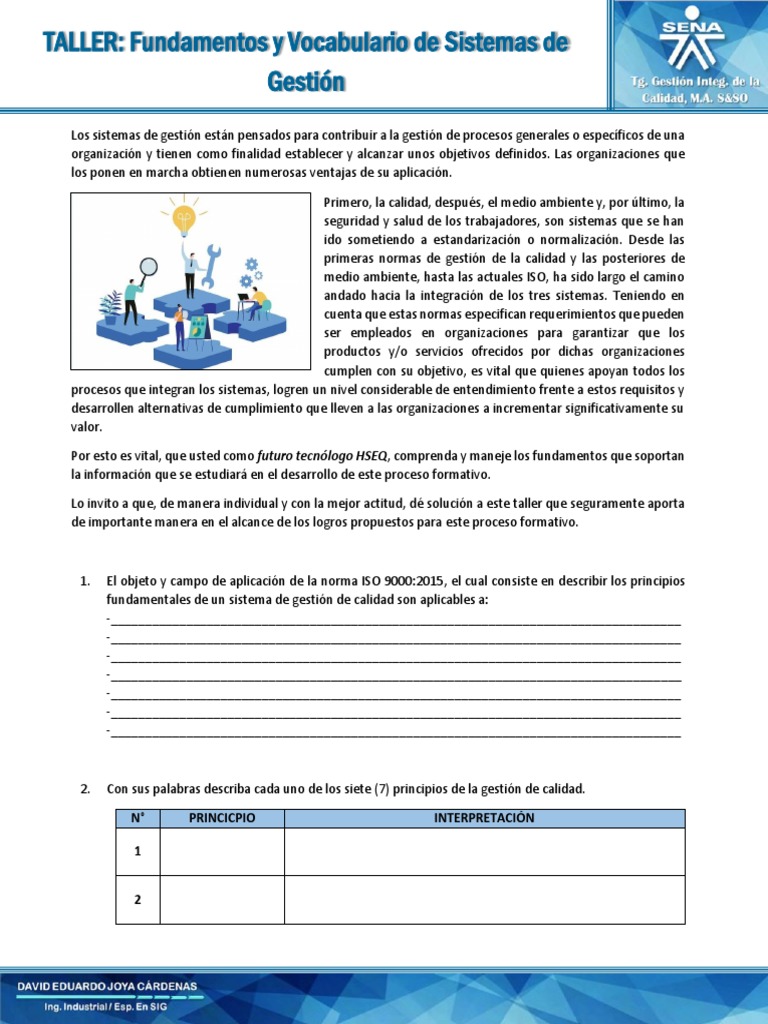 Taller - Fundamentos y Vocabulario de Sistemas de Gestión | PDF | Calidad (comercial) | Entorno ...